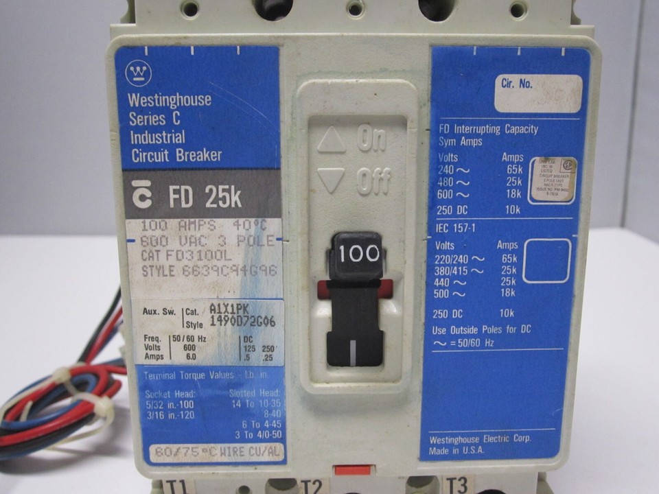 Westinghouse FD3100L Circuit Breaker 100 Amp 600 Vac 3P 25K Ser C W ...