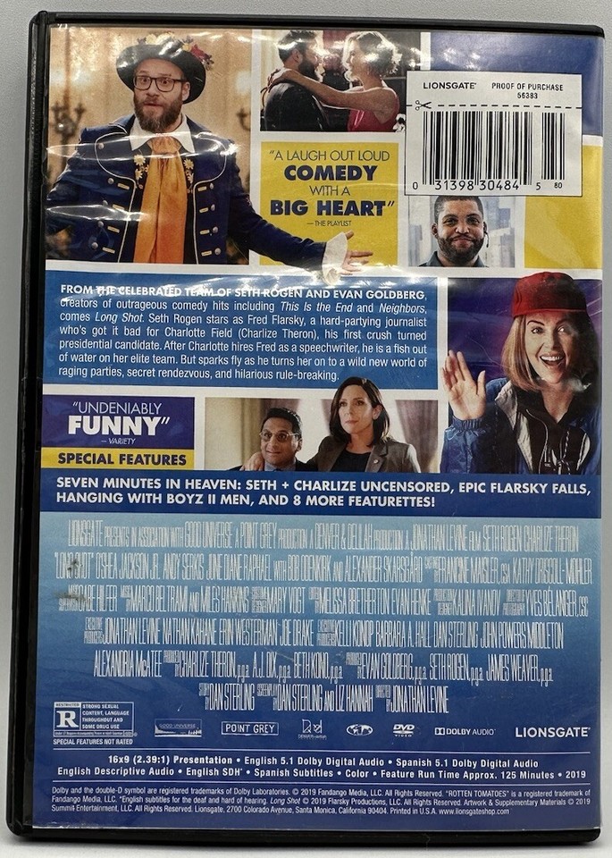 Long Shot DVD Widescreen Seth Rogen Charlize Theron O’Shea Jackson Jr ...