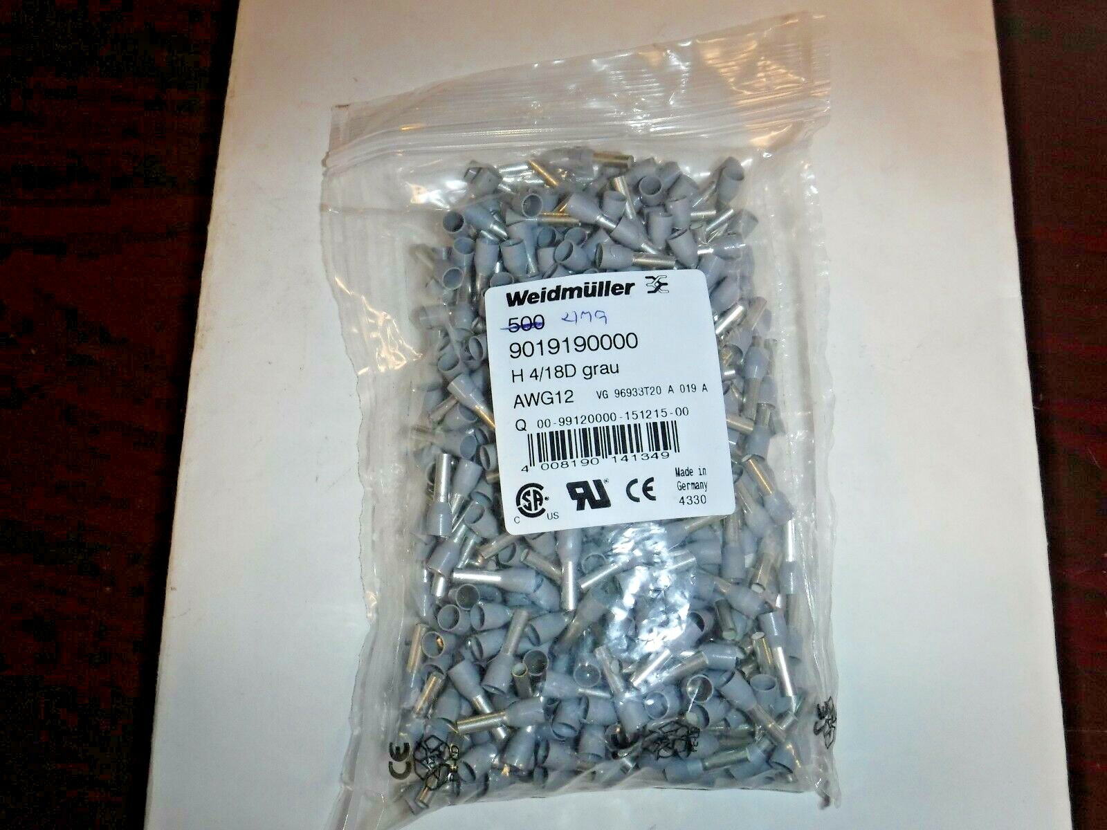 Weidmuller Ferrules 12AWG, Grey -- 9019190000 -- (Lot of 479) | eBay