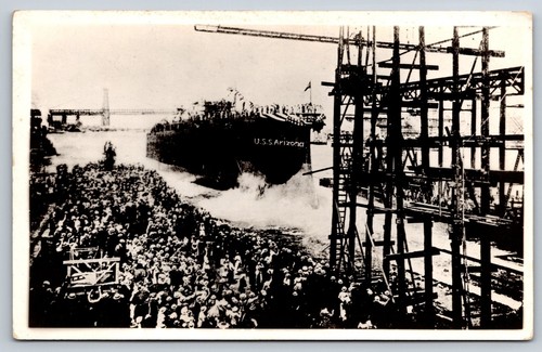 USS Arizona Battleship Launch Navy Ship Yard NY 1915 RPPC Postcard ...