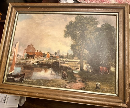 John Constable Dedham. Original Oil Painting. **Note Dog Bite On Frame ...