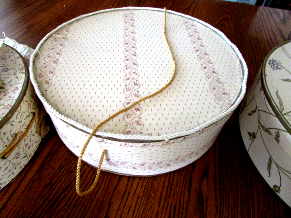 3 Large Vintage Victorian Hat Boxes Round Stackable Gold Cords w/Bow ...