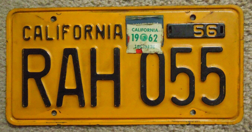 1956 CALIFORNIA LICENSE PLATE W/ 1962 EXPIRATION - ORIGINAL -RAH 055 | eBay