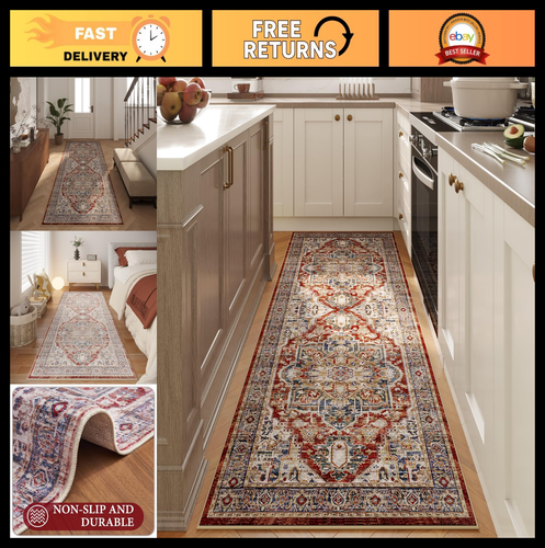 "Washable Non-Slip Red Kitchen Runner Rug 2x5 | Soft Low Pile Boho ...