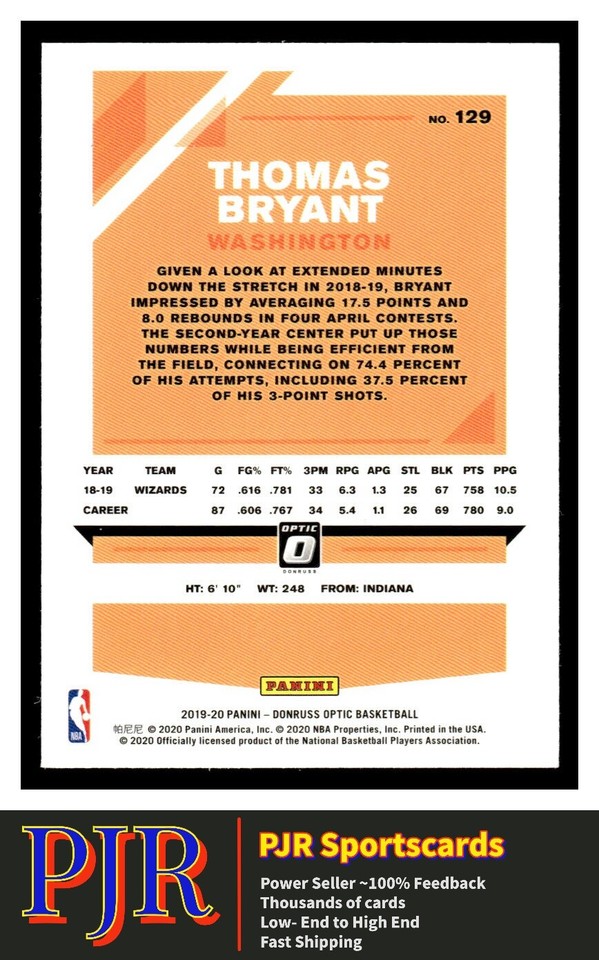 2019 Donruss Optic #129 Thomas Bryant Washington Wizards 35% Off 4 ...