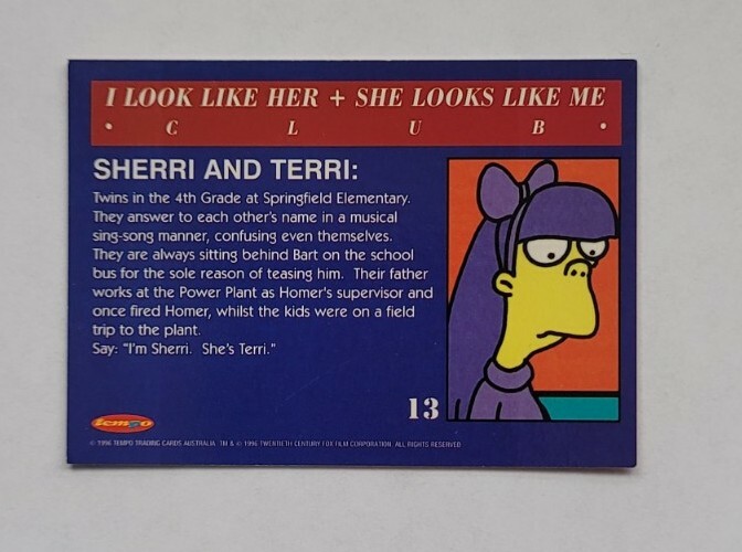 1996 THE SIMPSONS DOWN UNDER AUSTRALIA TEMPO TRADING CARD #13 Sherri ...