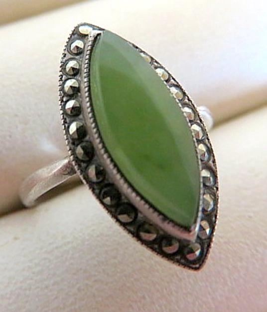Vintage Estate Art Deco Sterling Silver Green Jade & Marcasite Ring ...