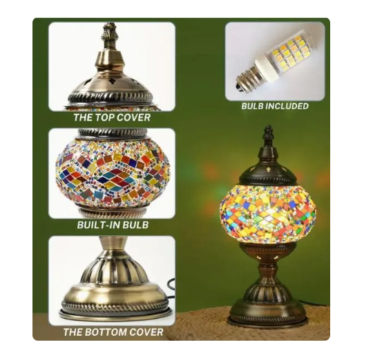 LAMP-Handmade Turkish Moroccan Multicolor Mosaic Table Lamp, Metal Base ...