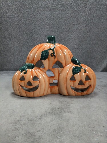 Vintage Ceramic Pumpkin Jack O Lantern Trio Halloween Figurine Candle ...