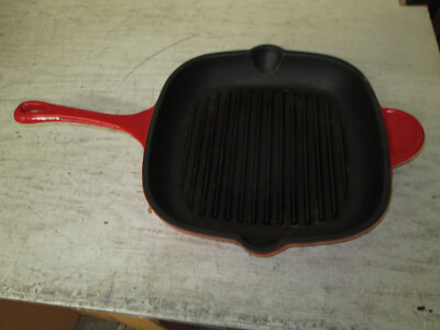 Enameled Cast Iron Skillet Grill Griddle, Square, Red, Double Spout ...