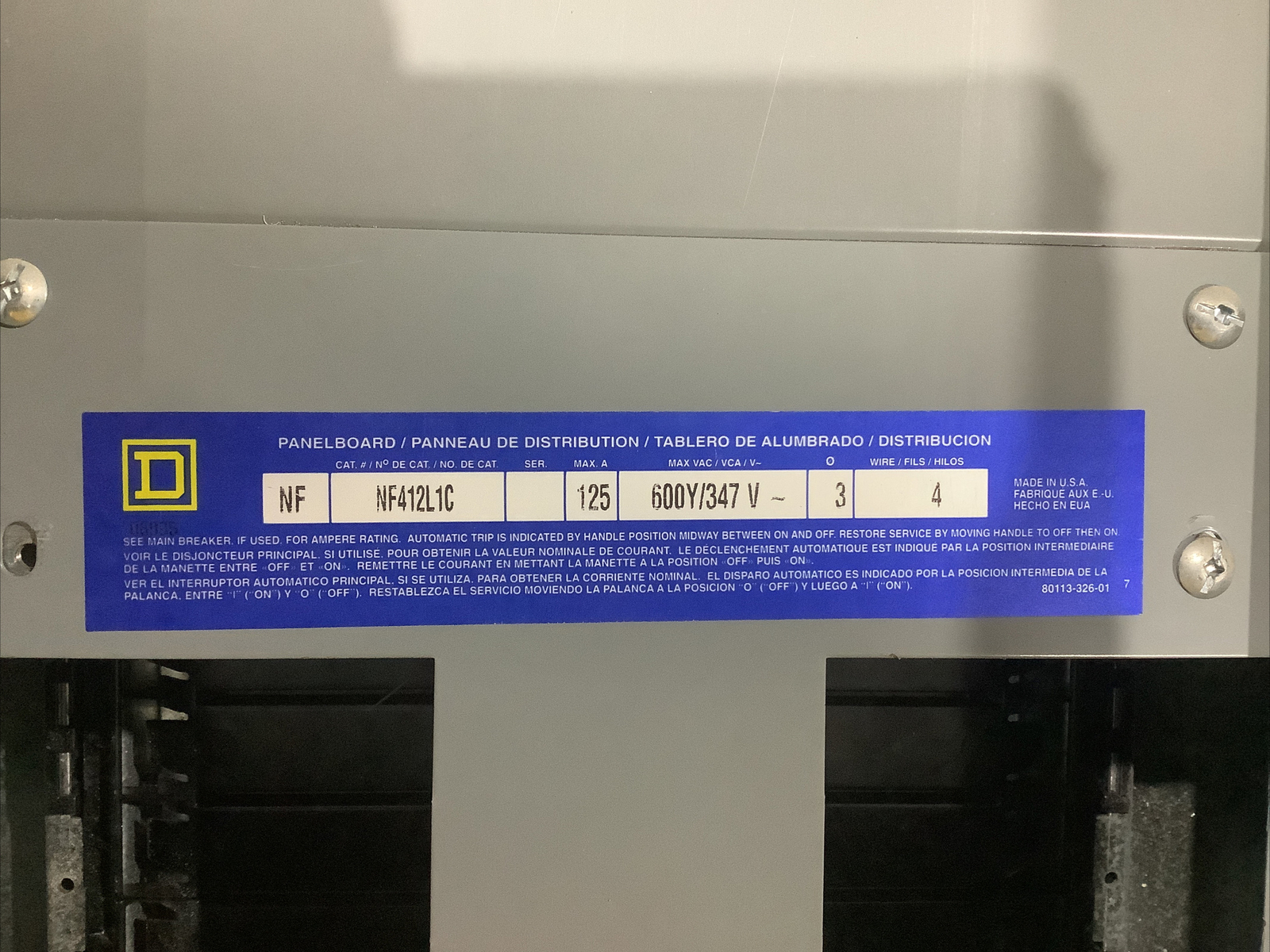 Square D Panelboard 125 Amp 600Y/347 Volt 3 Phase 4 Wire W/ Main Nema 1 ...
