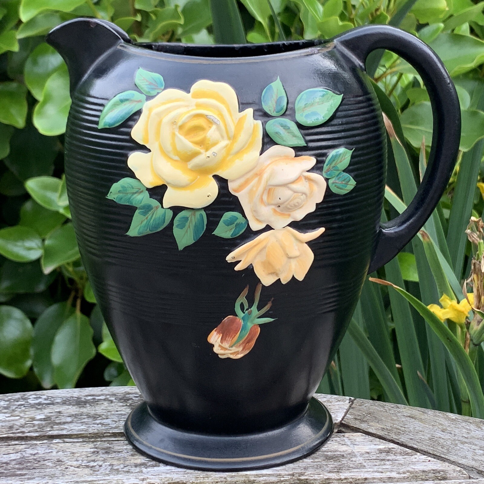 8” vtg 1930s floral Roses 'Brentleigh Ware—Kensington’ black Pitcher ...