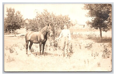 RPPC Old Man Standing With a Horse in A Field On a Farm Postcard Q29 | eBay