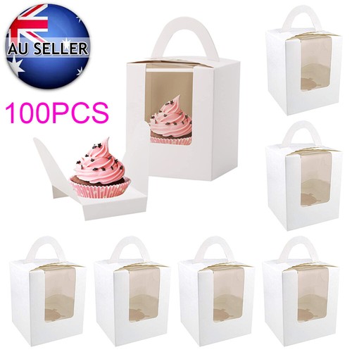 100X Cupcake Boxes White Individual Cupcakes Box Handle Single Cupcake ...