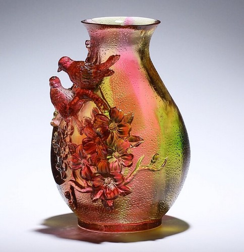 5''Chinese Liu Li Crystal Bird on Plum Blossom Vase Love Marrage Feng ...