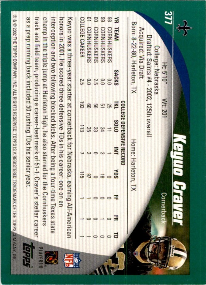 2002 Topps Keyuo Craver Football Cards #377 | eBay
