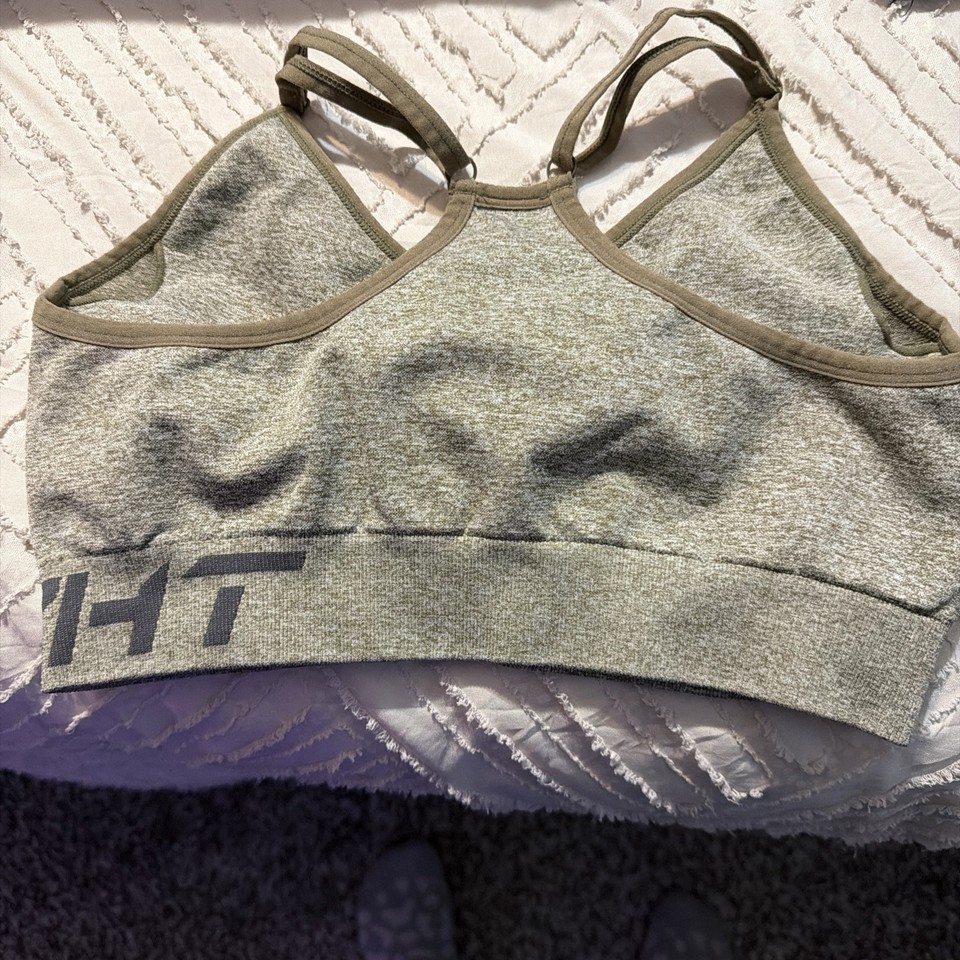 ECHT Women's Medium Arise Scrunch Sports Bra Green Grey Logo Band ...