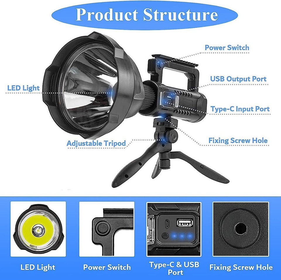 Super Bright LED Searchlight Portable Rechargeable Spotlight Handheld ...