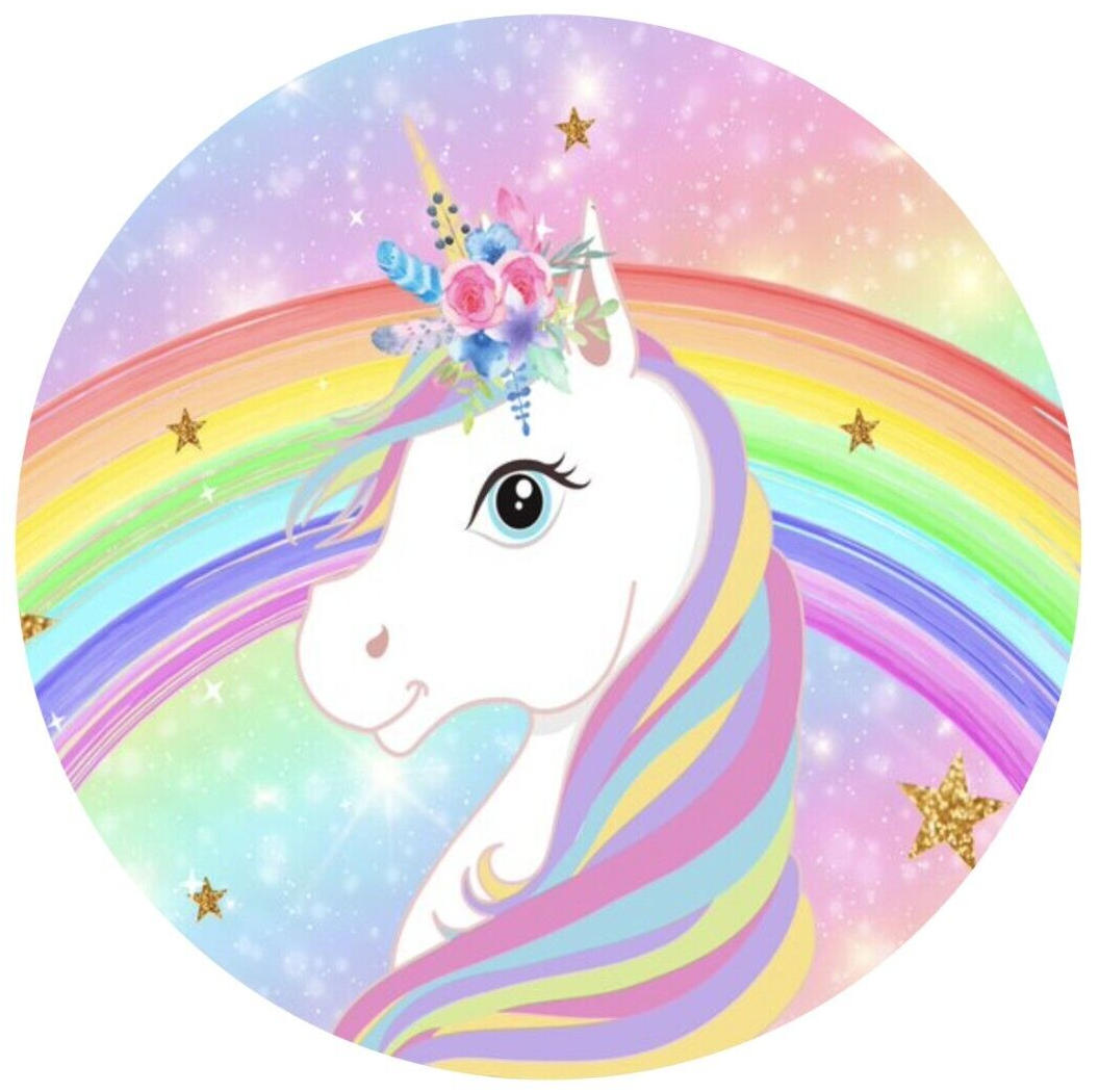 1 x UNICORN Round Edible Cake Topper Rice Wafer Paper 19cm KIDS RAINBOW ...