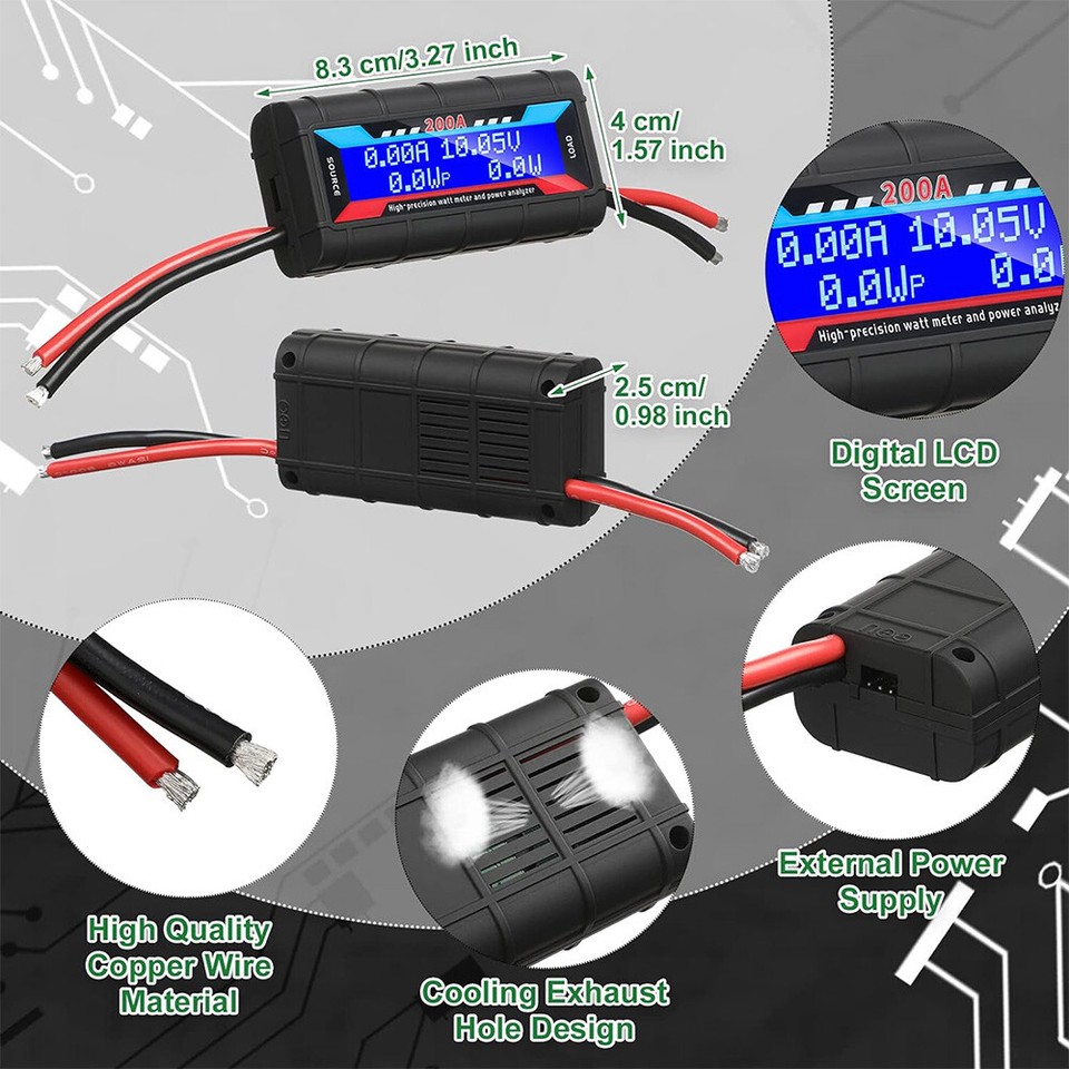 2PCS 200A Power Analyzer Watt Meter LCD For RC Battery Solar Wind Power ...