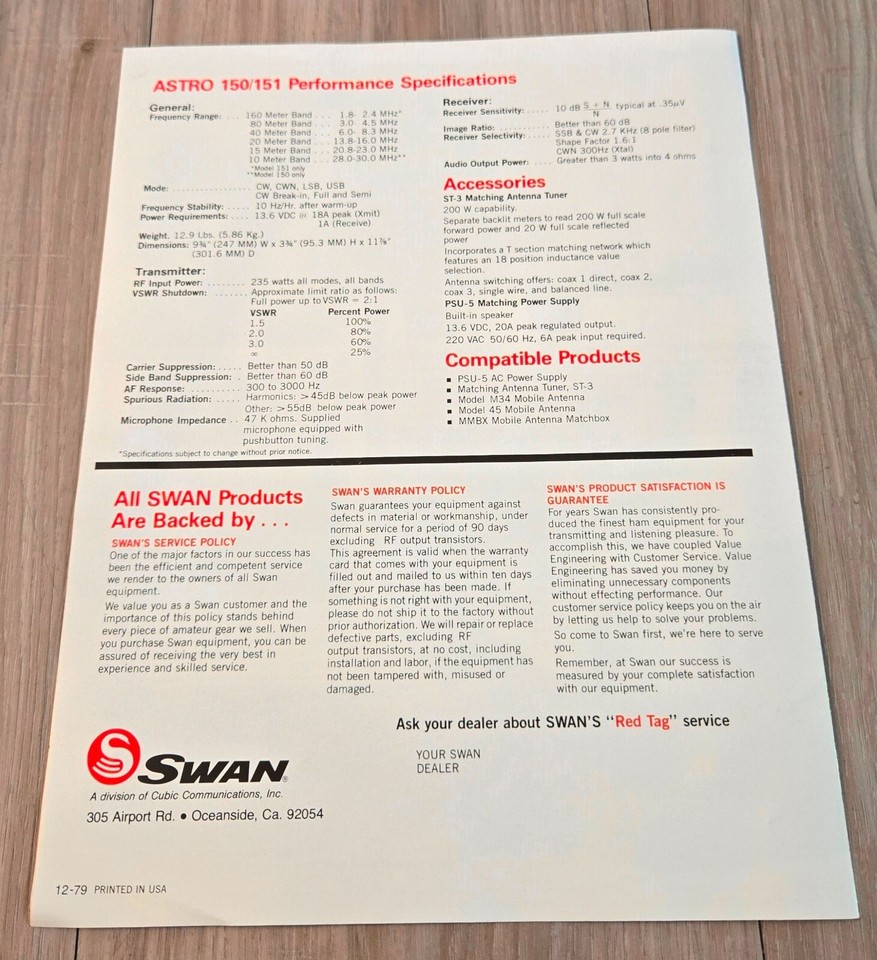 Swan Astro 150 Vintage 1979 Advertisement, HF SSB Transceiver Featuring ...