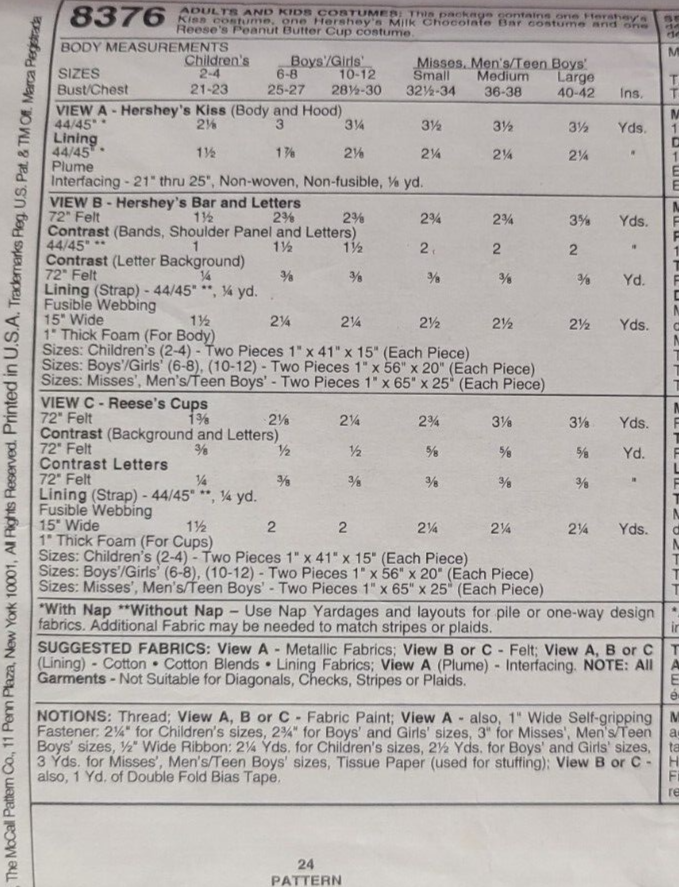 McCall 8376 Pattern Halloween Costume Hersheys Candy Bar Peanut Butter ...