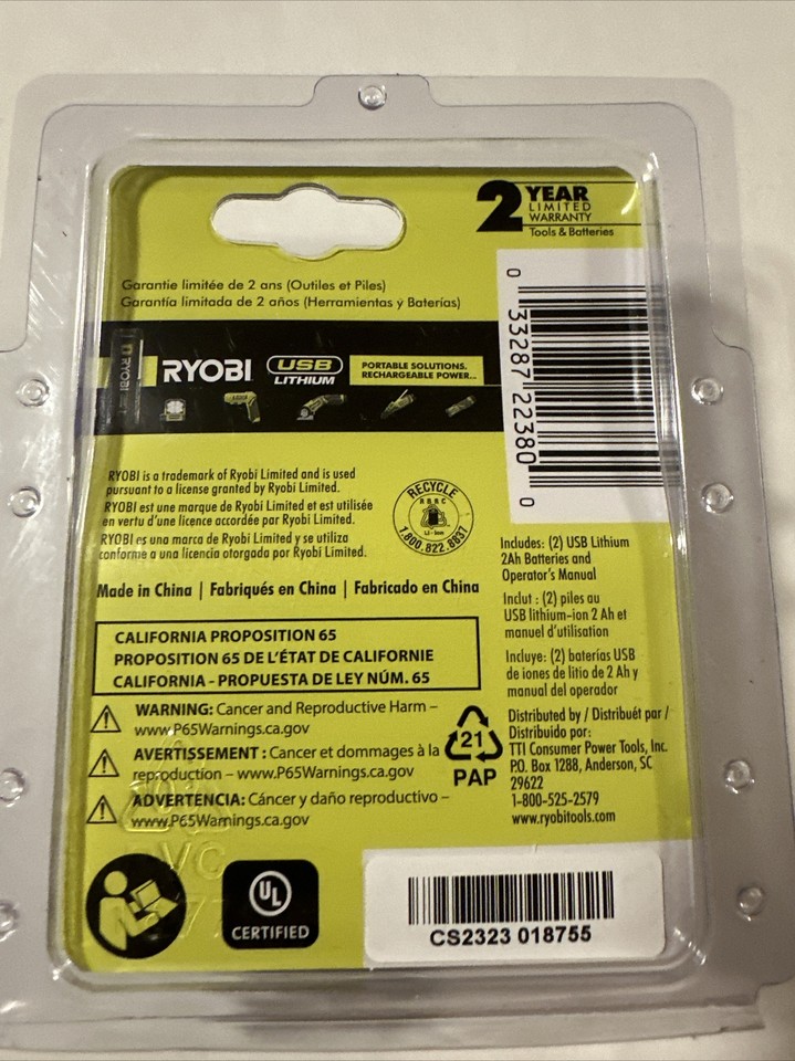 RYOBI USB Lithium 2.0 Ah Lithium Rechargeable Batteries (2-Pack) FVB202 ...