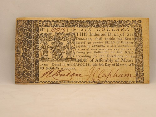 Fine 245 yr old COLONIAL CURRENCY NOTE $6 March 1, 1770 - Annapolis ...