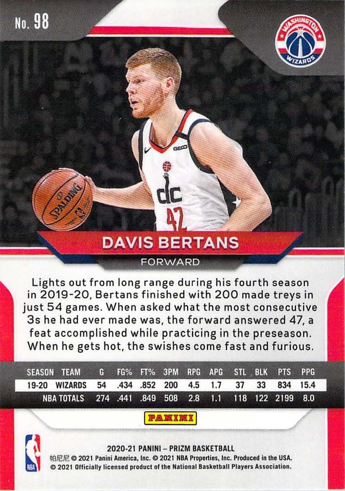 Davis Bertans 2020-21 Prizm Basketball Chrome Base Card #98 Washington ...