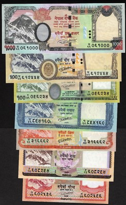 Complete Set of 7 Nepal 5 -1000 Rupee Currency Notes Mt Everest NEW UNC ...