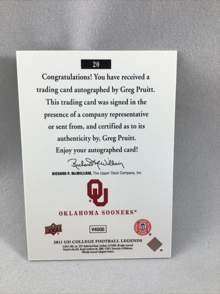 Greg Pruitt Oklahoma Sooners Autographed Card | eBay
