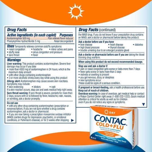 CONTAC Cold + Flu Max Strength Multi-Symptom Relief Daytime Caplets, 24 ...
