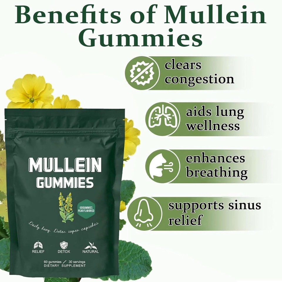 Mullein Gummies 1000mg - Respiratory & Lung Support, Pear Flavor, 60 ...