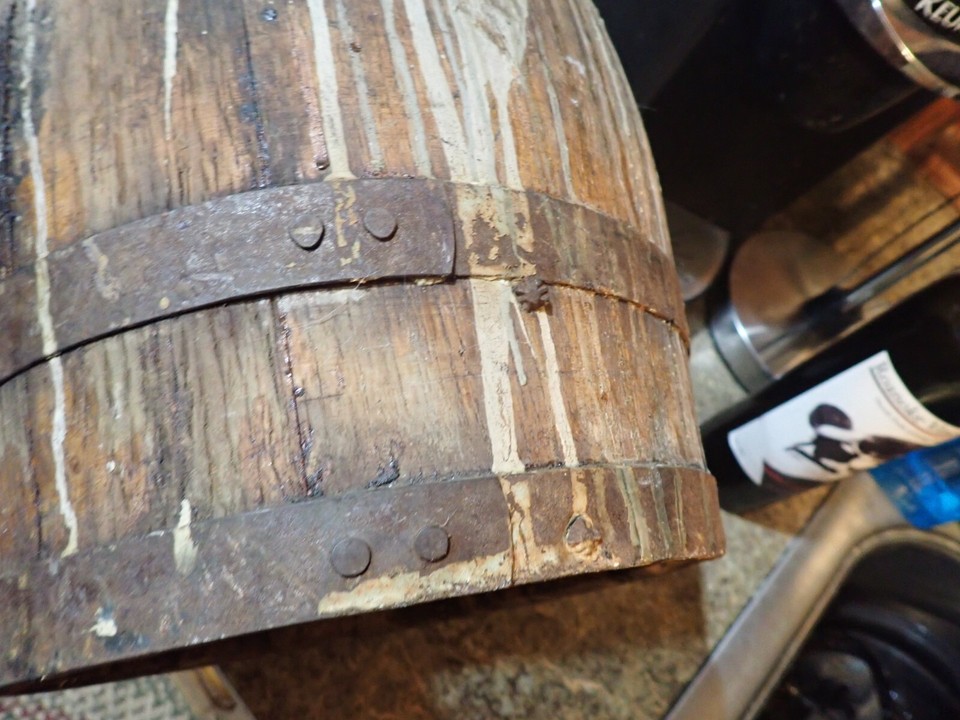 Vintage antique WOOD KEG barrels with Metal band 13" tall x 9-7/8" rim ...