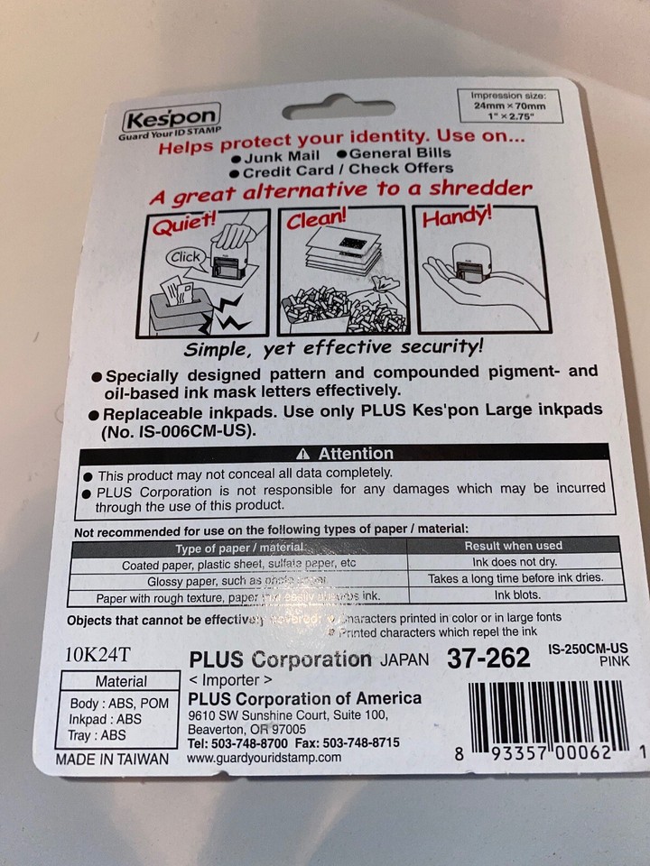Kespon Guard Your ID Stamp, Large, Pink, 1ea 893357000621S1192 | eBay