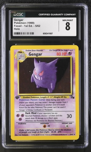 CGC 8 Gengar 1999 Fossil 1st Edition 5/62 Mirror Holo Error Pokemon ...