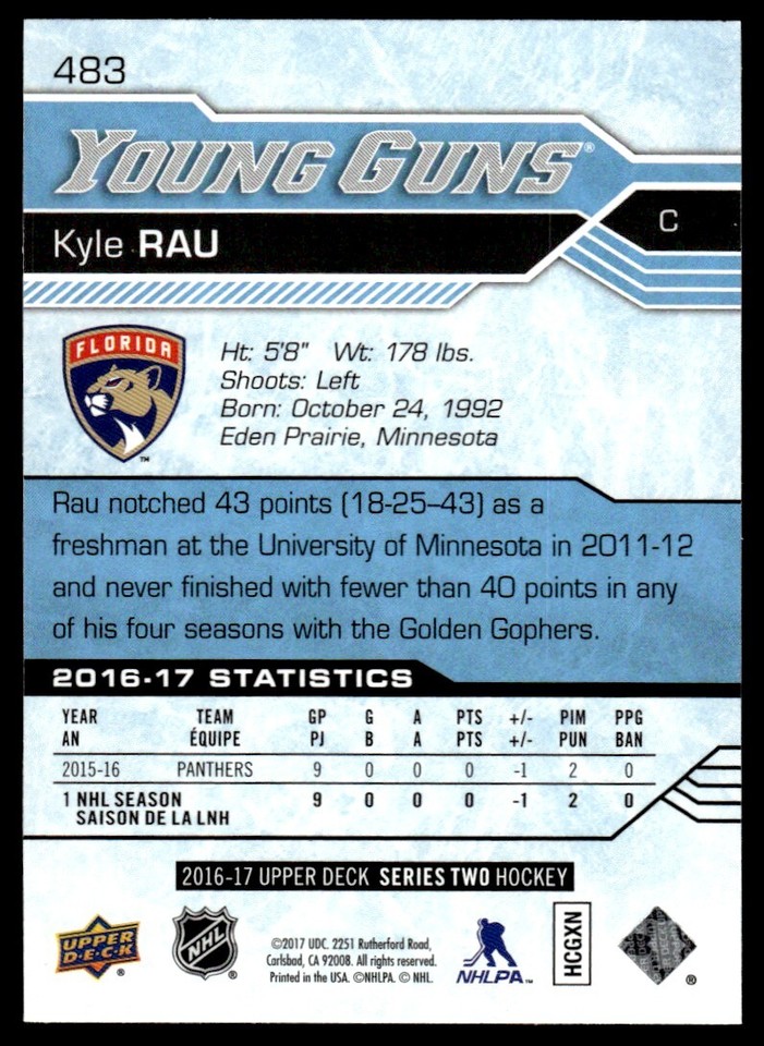 2016-17 Upper Deck Young Guns Kyle Rau Rookie Florida Panthers #483 R15 ...
