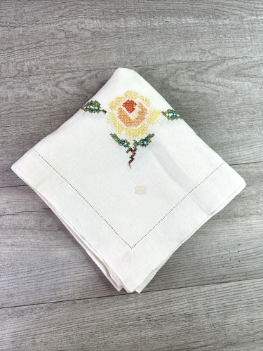 Vintage Hand Embroidered Square Tablecloth White Yellow & Orange ...