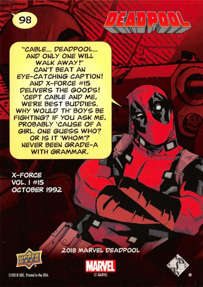 Deadpool Marvel 2018 (Upper Deck) BASE Trading Card #98 / GET WITH THE ...