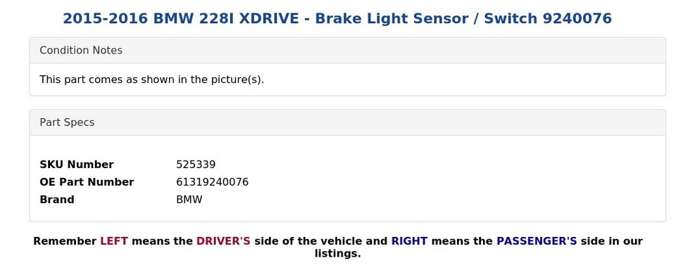 2015-2016 BMW 228I XDRIVE - Brake Light Sensor / Switch 9240076 | eBay UK