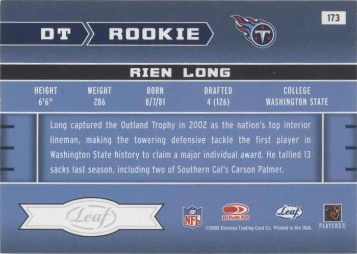 2003 Leaf Rookies & Stars Rien Long #173 for sale | eBay