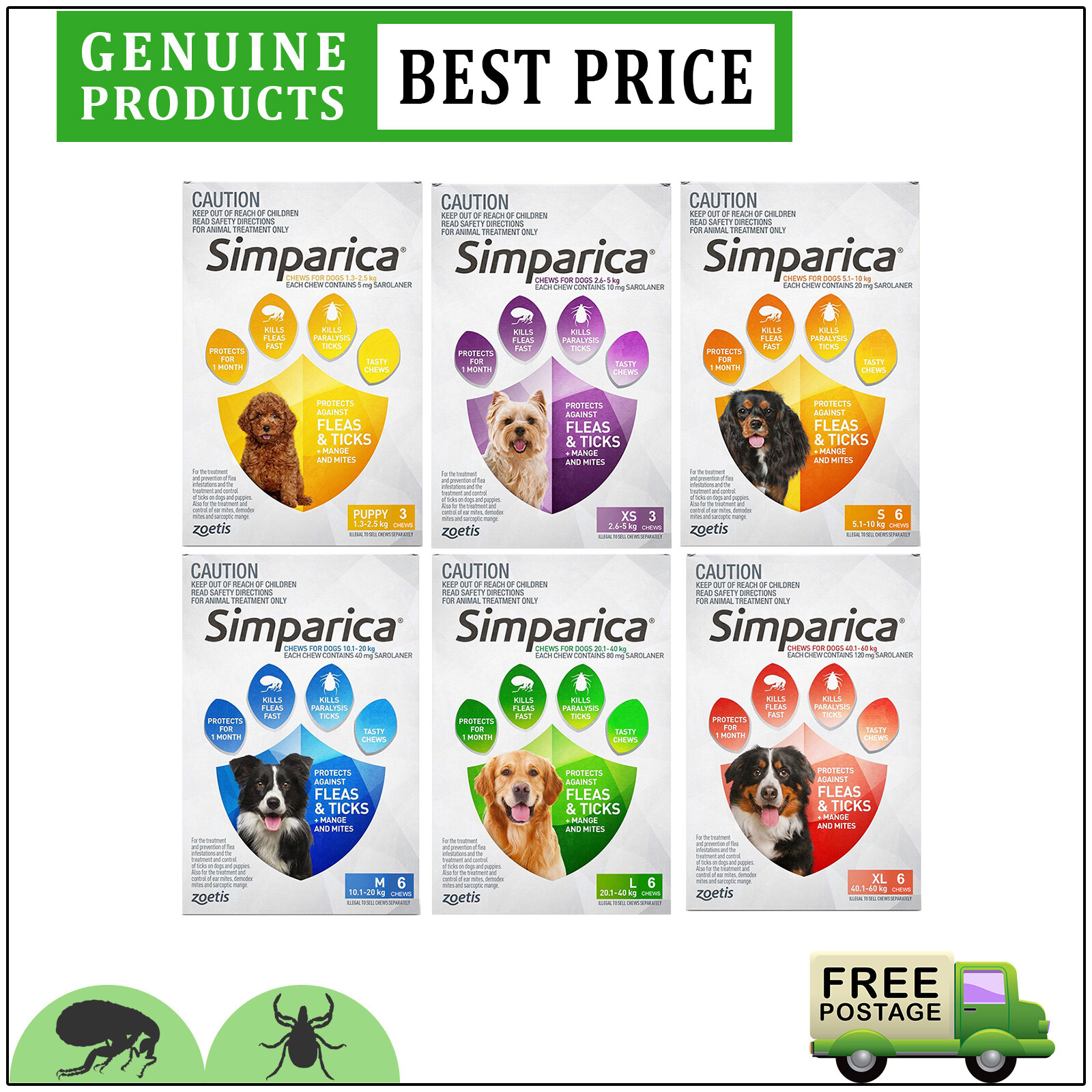SIMPARICA All Sizes 6 Doses Chewable for Dogs Ticks and Fleas Treatment ...