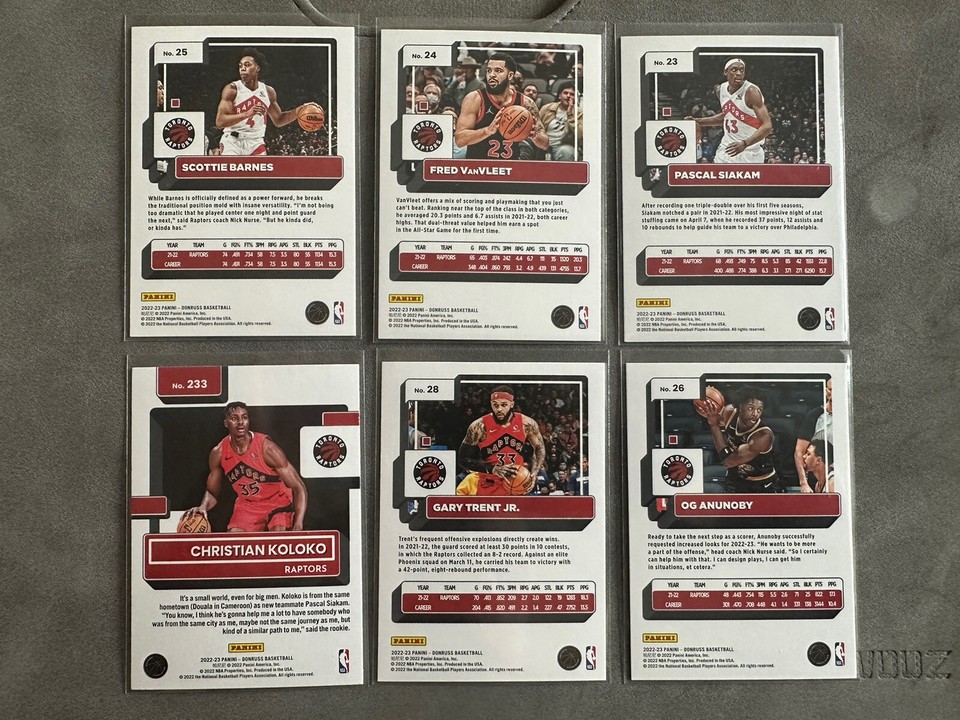 2022-23 Donruss Basketball Toronto Raptors Team Lot of 6 Cards w ...