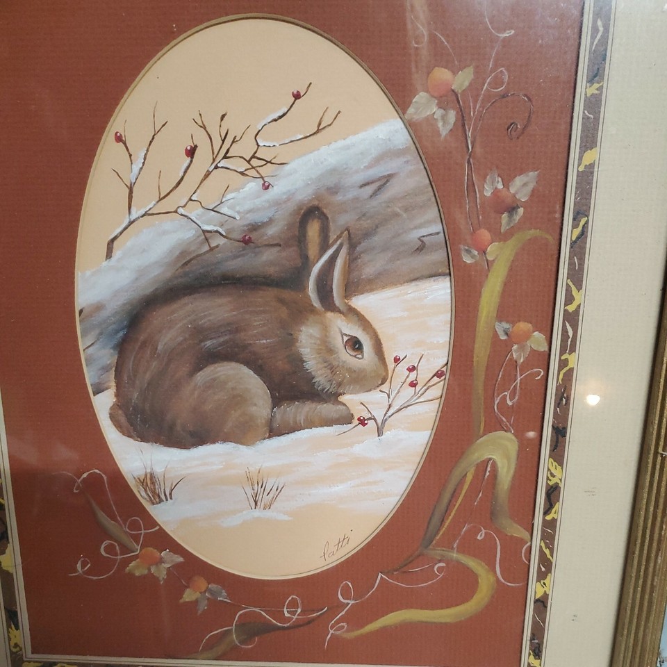 Vtg Folk Art Still Life Bunny Rabbit Winter Painting Signed Gold Framed ...