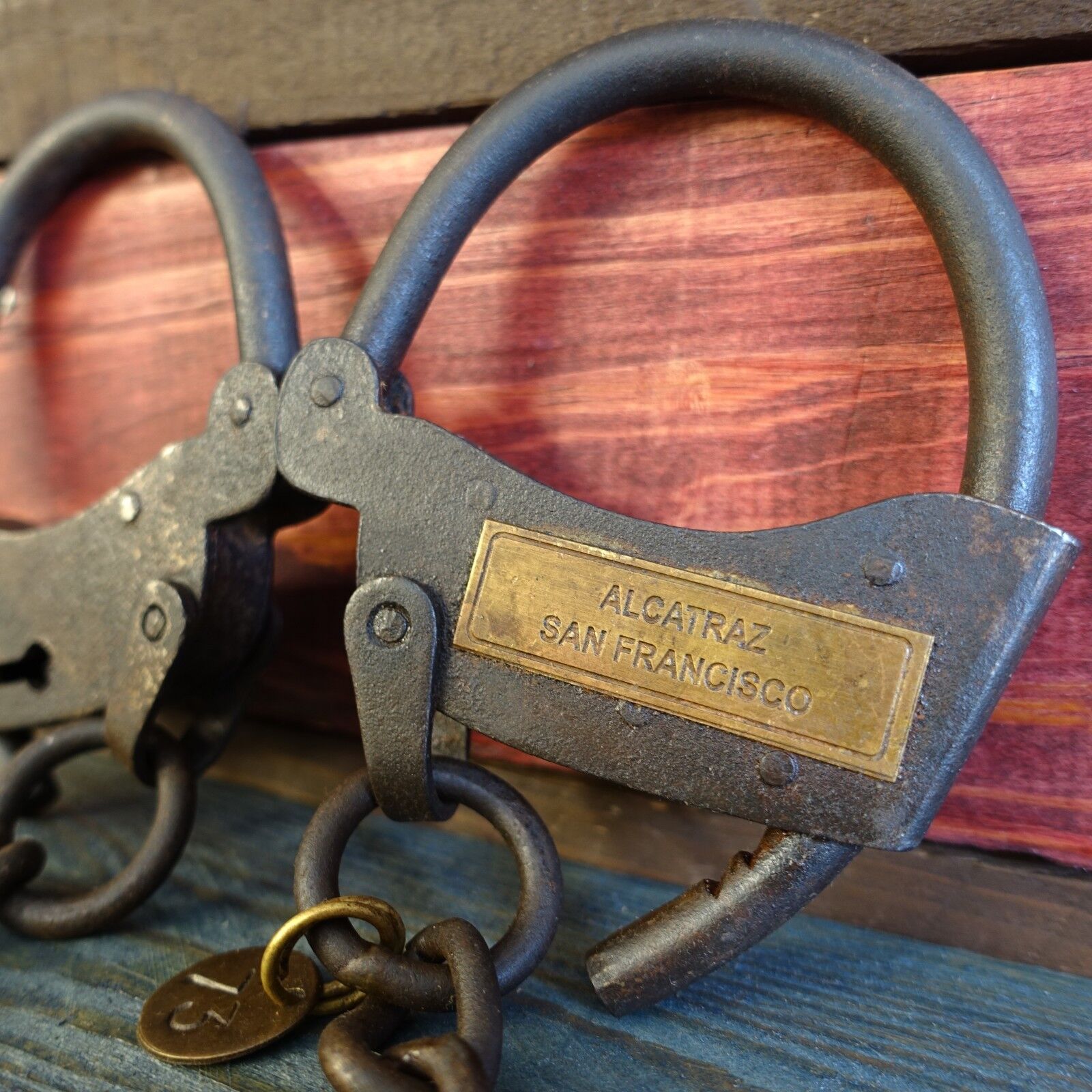 Alcatraz Prison Handcuffs, Iron Adjustable Cuffs with Chain & Antique ...