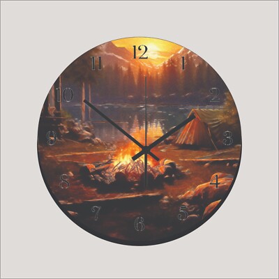 Camping Fishing Camp Fire Tents Lake Art Wall Hanging Wall Clock Time ...