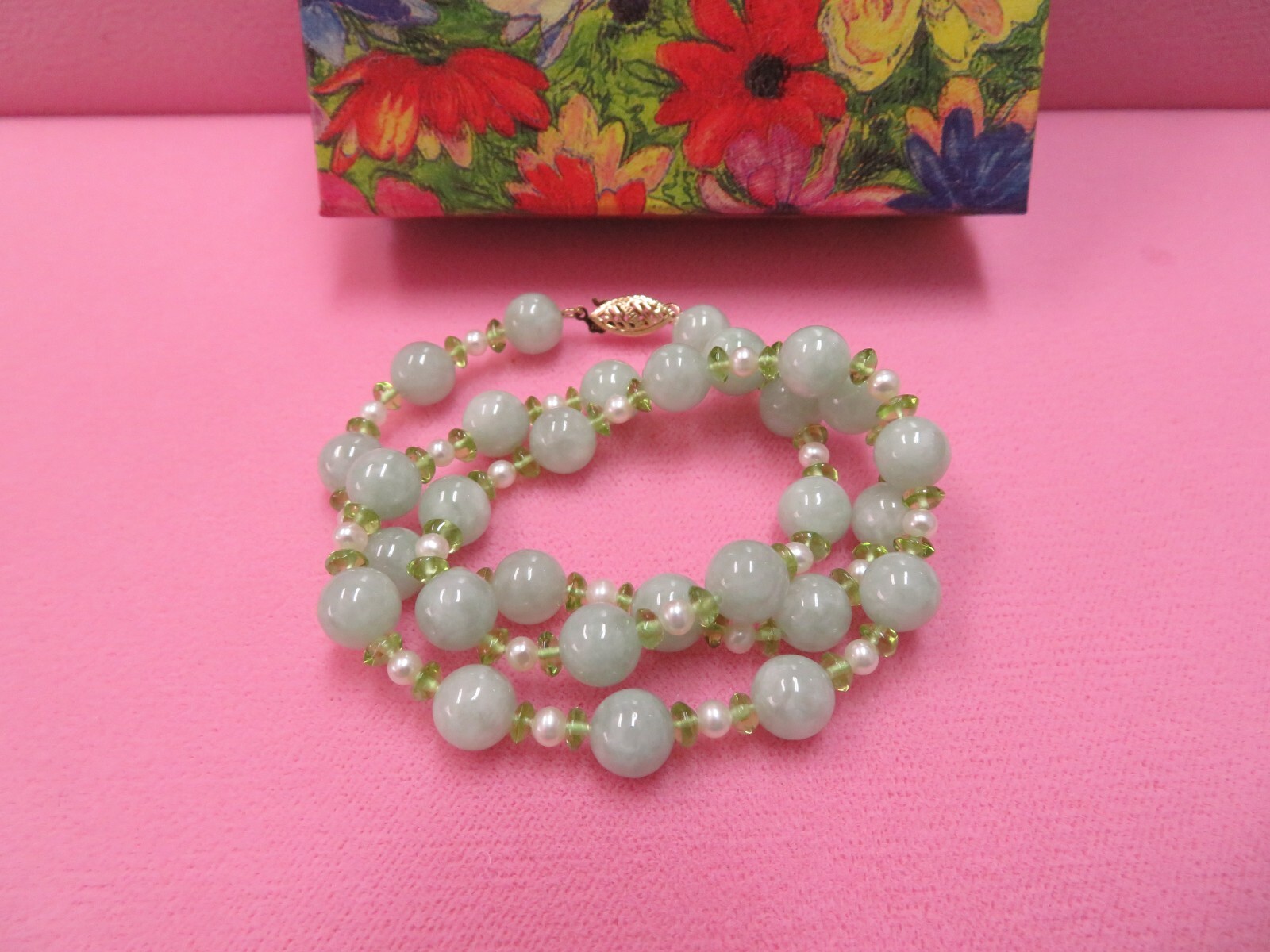 18" GSJ 14K Gold Clasp 8.1mm Jade, Pearl, Peridot Str… - Gem