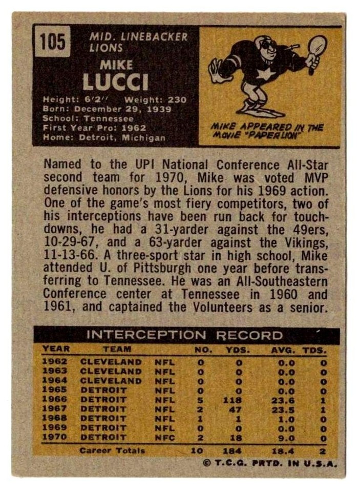 Mike Lucci 1971 Topps #105 (vg) Detroit Lions | eBay