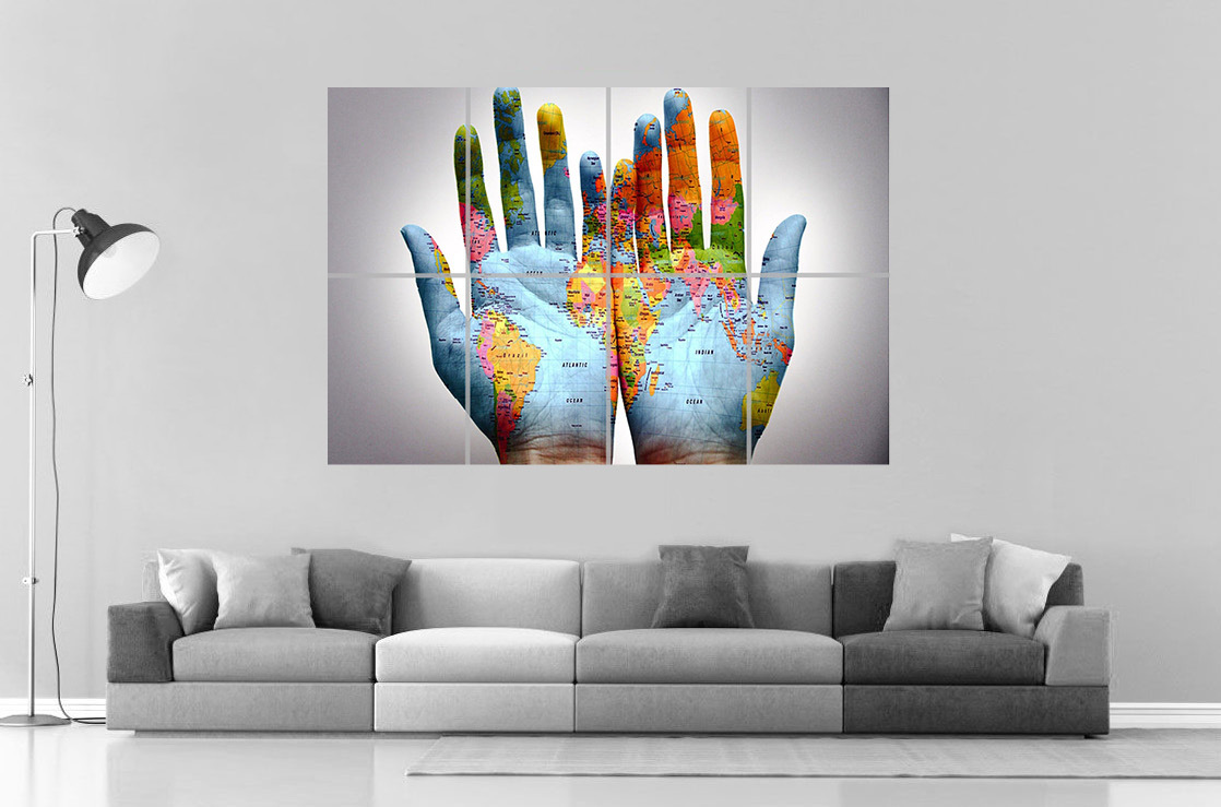 World Map On Hands Wall Art Poster A0 Large Print | eBay