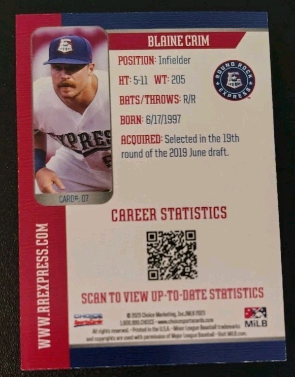 2023 Round Rock Express Blaine Crim RC Rookie Texas Rangers Minor ...